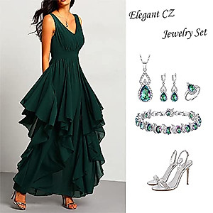 Mayfox Bridal Cubic Zirconia Open Ring Bracelet Necklace Dangle Earrings Set, Waterdrop Oval White Gold Plated Jewelry Gifts for Woman Multicolor Silver-Tone