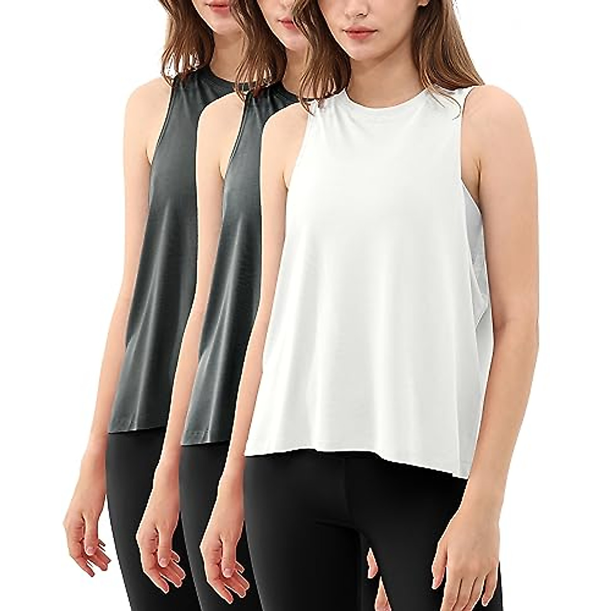 ODODOS 3-Pack Loose Tank Tops for Women Sleeveless Gym Athletic Workout Tops Basic Yoga Shirts, Black, Charcoal, White, Medium