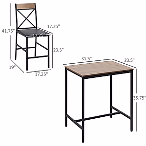 HOMCOM 3 Piece Bar Table and Chairs Set, Dining Table Set with PU Padded Stools and Steel Frame for Kitchen, Small Spaces, Brown