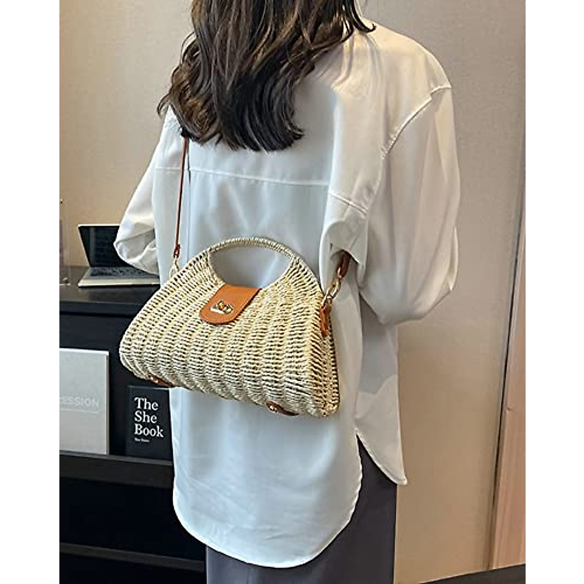 Summer Straw Bag for Women Straw Hand-woven Top-handle Handbag Crossbody Tote Clutch Bags for Travel