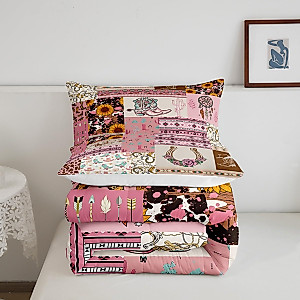 Erosebridal Western Bedding Pink Cowgirl Twin Comforter Set for Toddler Girls Cow Print Bedding Comforter Sets, Boho Cow Fur Western Style Duvet Set Farmhouse Horseshoe Pattern Quilt 2 Pieces