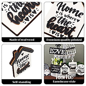 21 Pcs Farmhouse 2 Tiered Tray Wood Tiered Serving Tray Stand with Wooden Decorative Signs and LED Light Rustic Black and White Tiered Tray Decor Home Sweet Home Kitchen Decor for Shelf Table Display