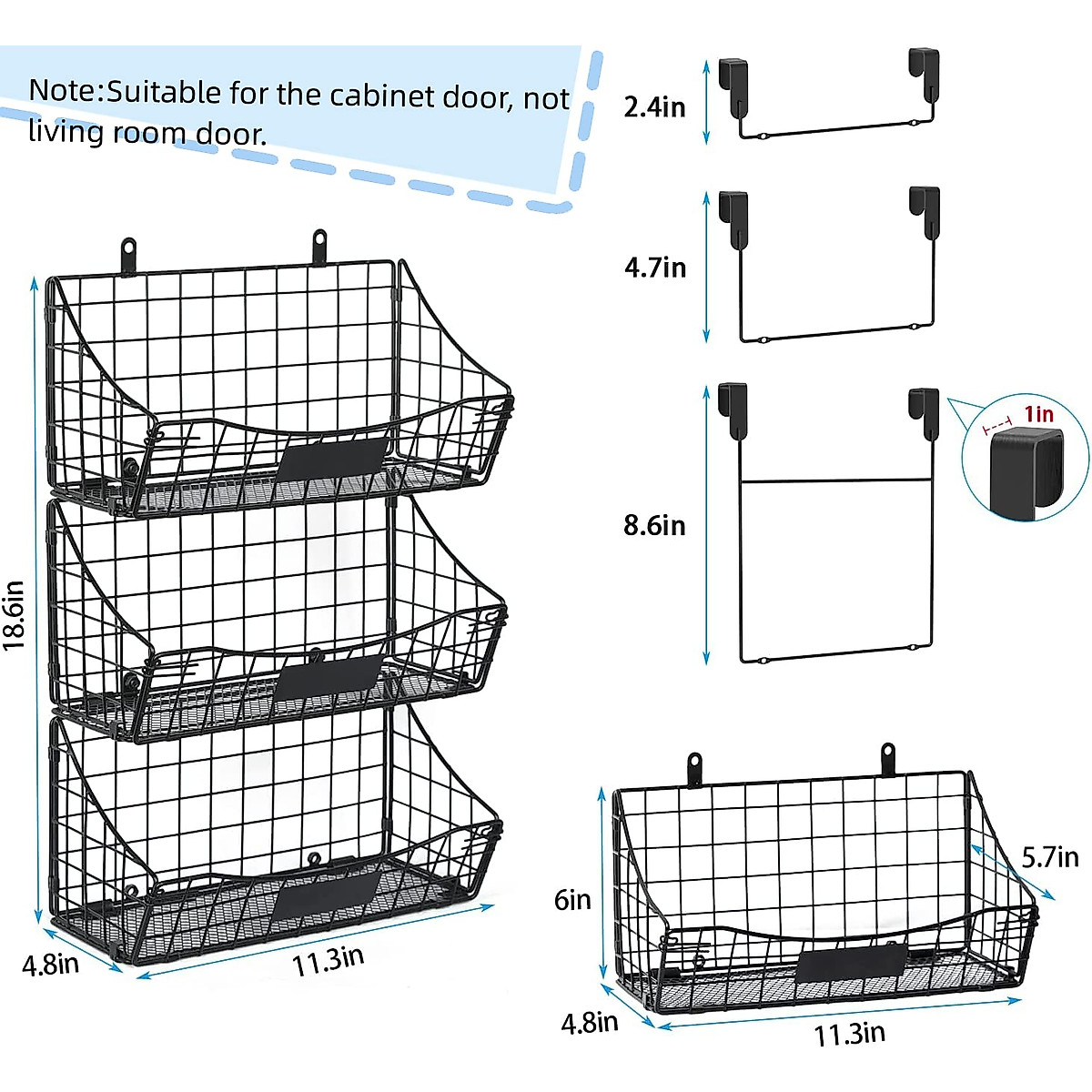 Over Cabinet Door Organizer, Storage Basket 3 Pack with Name Plate Hang Over the Door Railing Grid Panel for Kitchen Pantry Bathroom Laundry, Holds Shampoo Cleaning Supplies Spice Dish Soap
