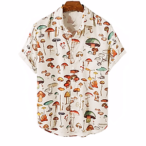 PAODIKUAI Mushroom Shirts for Men Hawaiian Short Sleeve Button Down Cute Mushroom Printed Shirt (Mushroom Yellow, Large)