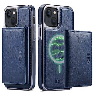 MOHEYO Designed for iPhone 14 Plus Case Removable Wallet Card Holder Magnetic Compatible with MagSafe Slim Thin Vegan Leather Cover (Blue)
