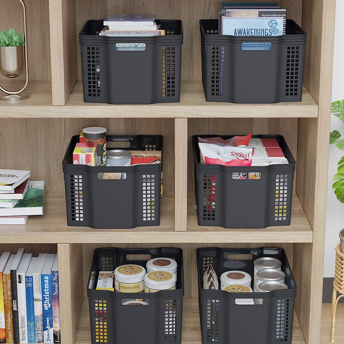 Drephia 12 Pack Large Storage Plastic Basket, Stacking Organizer Bins, 14.17" x 10.70" x 7.12", Black