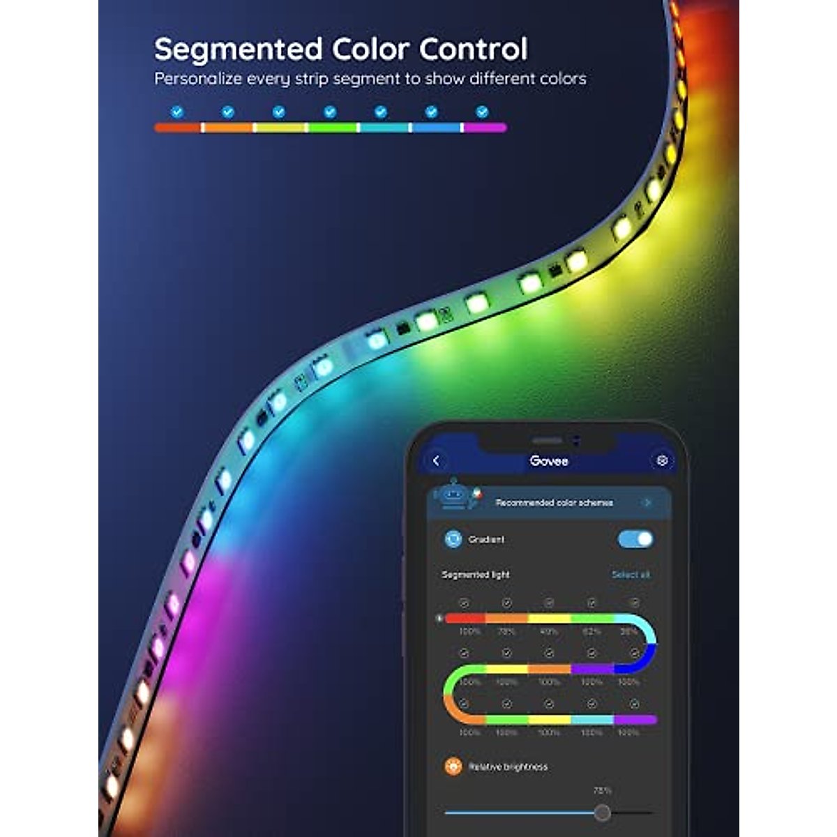 Govee 65.6ft RGBIC LED Strip Lights, Color Changing LED Strips, App Control via Bluetooth, Smart Segmented Control, Multiple Scenes, Enhanced Music Sync LED Lights for Bedroom, Party (2 X 32.8ft)