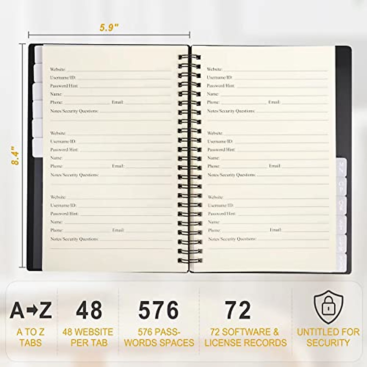Spiral Password Book with Alphabetical Tab, 576 Entries Internet Address Organizer for Online Login Details, 5.9x8.4in Password Keepers, Untitled Password Notebook Large Print for Home or Office