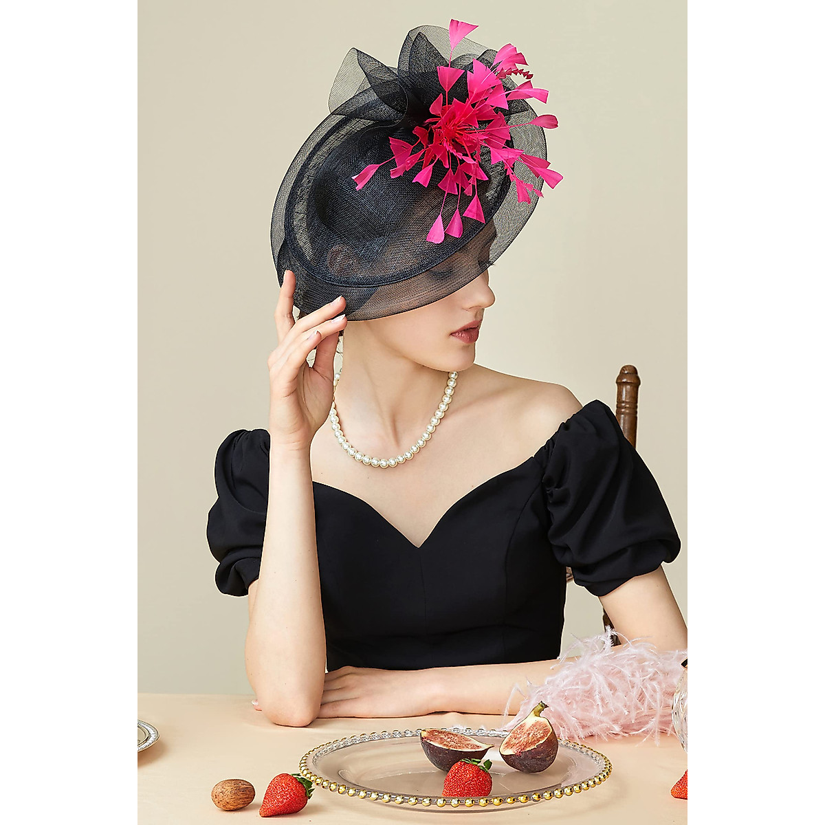 BABEYOND Fascinator Hat Veil Feather Fascinators Hair Clip Tea Party Pillbox Derby Hat Fascinator Bridal Wedding Veil A-black
