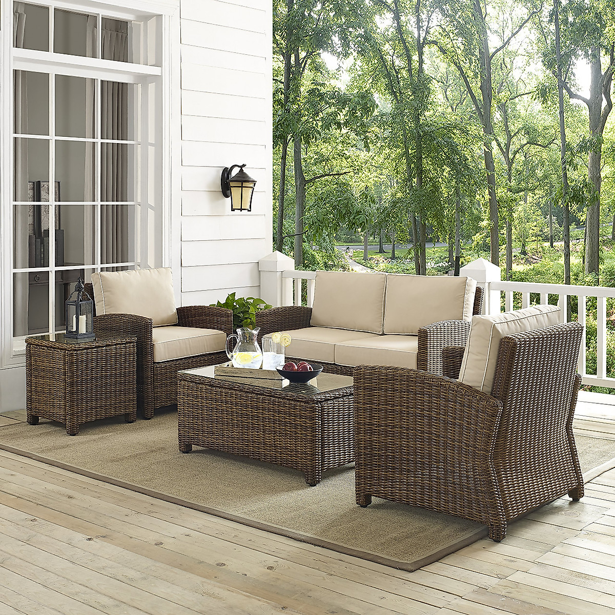 Crosley Furniture Bradenton 5-Piece Outdoor Loveseat Patio Furniture Set, Wicker Conversation Sets for Porch, Brown with Sand Cushions