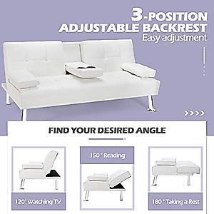 Giantex Convertible Futon Sofa Bed, Faux Leather Sectional Couch Sleeper, Removable Armrests 2 Cup Holders Backrest Adjustable, Upholstered Small Guest Bed for Apartment Living Room White