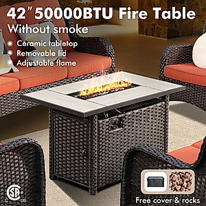 XIZZI Patio Furniture Set with Fire Pit Table,7 Pieces Outdoor Furniture with Swivel Rocking Chairs,All Weather Wicker Outside Conversation Sets for Balcony,Deck,and Backyard,Brown Rattan Orange Red
