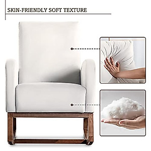 Rocking Chair Nursery Glider Rocker Chair High Backrest Upholstered Velvet Accent Armchair with Side Pocket for Living Room Bedroom Office (Cream)