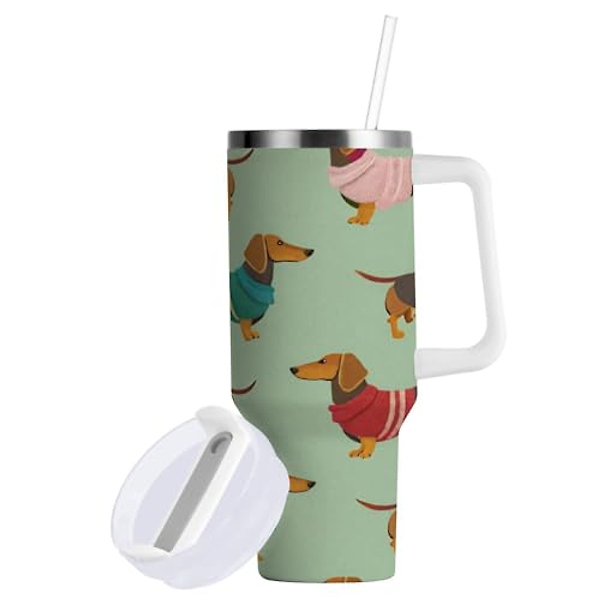 Jihqo Cute Dachshunds 40 oz Stainless Steel Vacuum Insulated Tumbler with Handle and Straw Lid, Leakproof Water Bottle Double Wall Travel Mug Coffee Cup, Cupholder Friendly