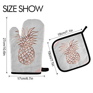 ALAZA Rose Gold Pineapple On Pink and White Marble Oven Mitts and Pot Holders Sets Heat Resistant Kitchen Oven Gloves Potholder for Cooking Baking Grill