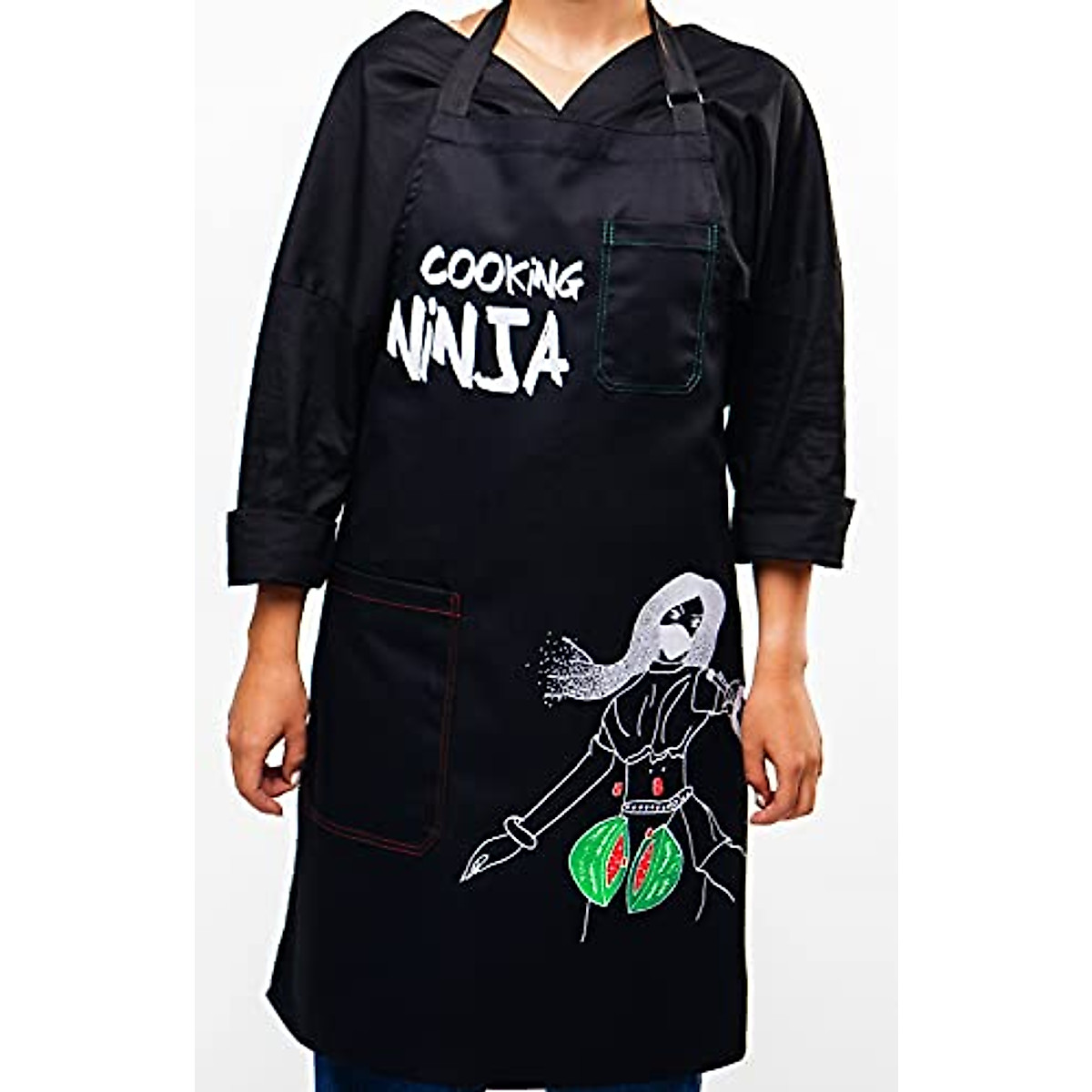Cute Black Kitchen Bib Apron For Women and Men - With 2 Pockets and Graphic - Multi-sized - For Chefs and Home Cooking - Water Resistant - Gift Box Cooking Ninja Apron for Women