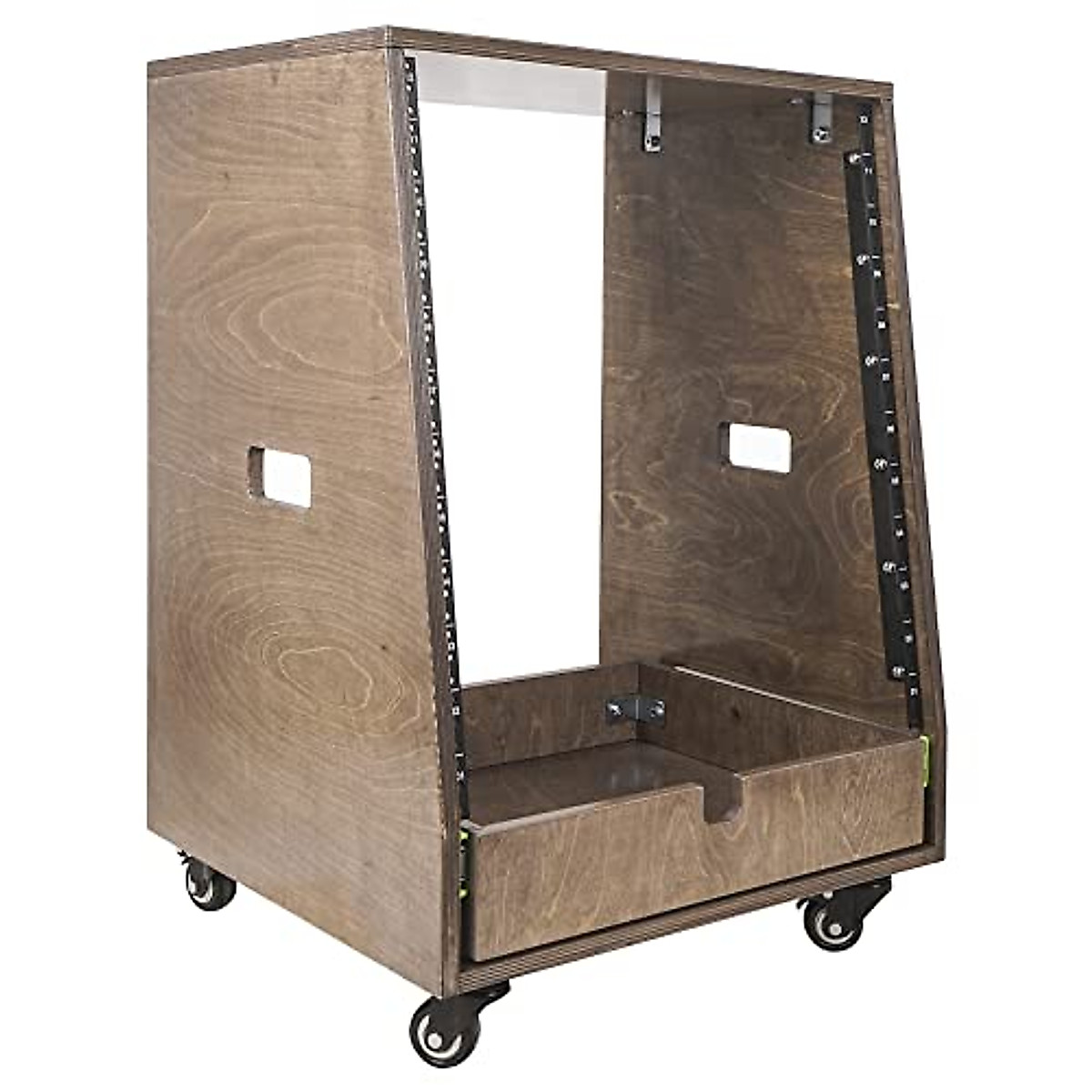 Sound Town 12U DIY Solid Baltic Birch Plywood Slanted Studio Rack with 12U Rack Space, Extra 2U Drawer, Rubber Feet, Casters, Weathered Brown (SDRK-12TBD2)