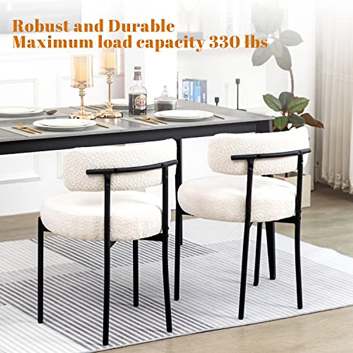 DYHOME Dining Chairs Set of 6, White Boucle Dining Room Chairs with Curved Backrest, Upholstered Mid Century Modern Dining Chairs with Black Metal Legs