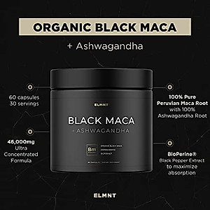 ELMNT 40,000mg 40x Strength Organic Black Maca Root w. Ashwagandha - Highest Potency Black Maca Root Capsules for Men with 100% Pure Maca Peruana Powder Organic, Gelatinized, Non-GMO - 60 Pills