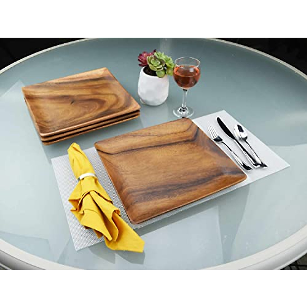 PACIFIC MERCHANTS Acaciaware Acacia Wood 12" Square Plate, Set of 4, Serving Tray, Square Charger Plate, Sustainable, Hand Made, Hawaiian History