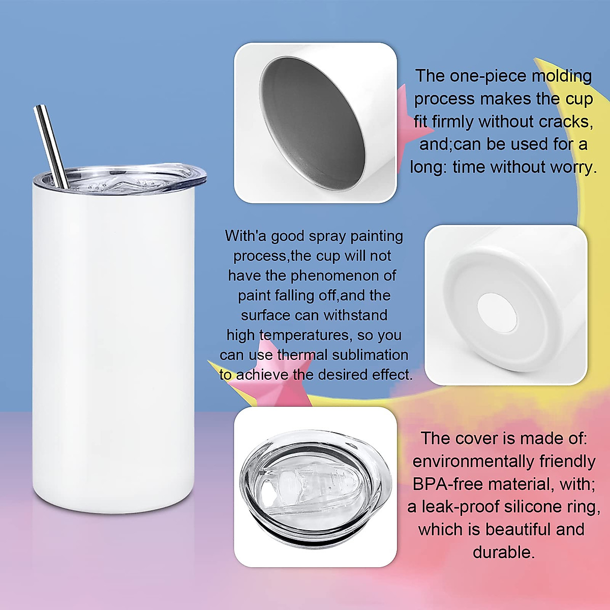 Amgkonp 6 Pack 12OZ Sublimation White Blank Straight Tumblers for Kids,Stainless Steel Double-Wall Vacuum Cups with Lids,Metal Straws,Individually Boxed,Sublimation Coating for Heat Press