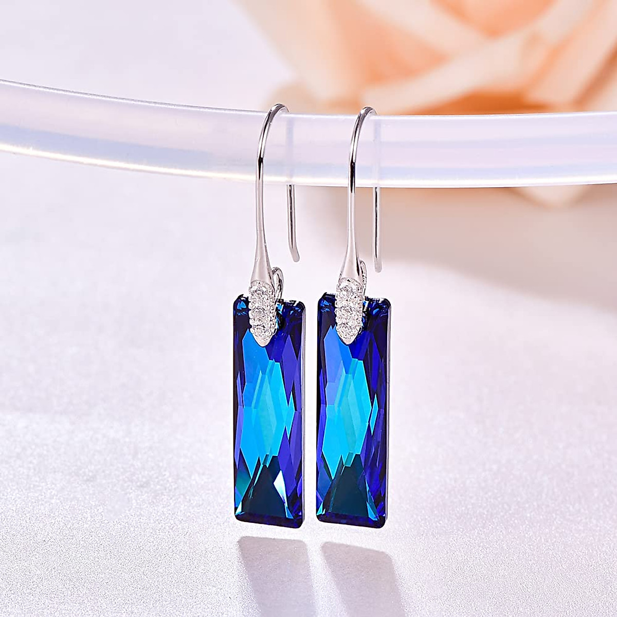 Queen Baguette Crystal Drop Earrings For Women Sterling Silver Wedding Party Jewelry Handmade Accessories (Bermuda Blue)
