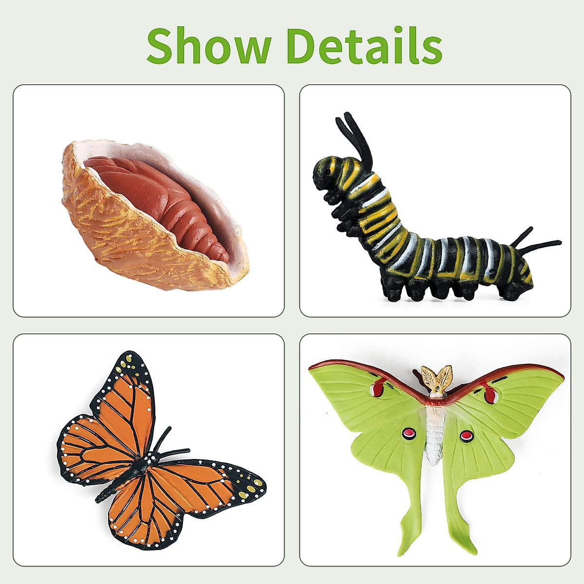 iftnotea 8PCS Monarch Butterflies Life Cycle Toy Figurines for Kids with Actias Ningpoana Figure - Caterpillar to Butterfly Kit Growth Montessori Toy for 3 4 5 6 Years Old