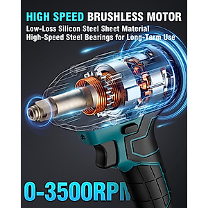LHRETXQ 1/2 inch Cordless Impact Wrench, Torque 258ft-lbs(350N.m), 3500 RPM, 21V Electric Brushless Power Impact Gun for Lug Nuts with 2.0Ah Battery, 1/4 inch Impact Driver, Charger & Kit Case