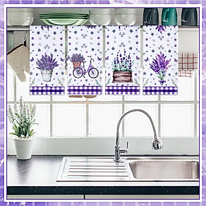 Funtery Set of 4 Purple Lavender Kitchen Towel Decoration Set Purple Flower Hand Towels Spring Themed Absorbent and Soft Purple Towels Buffalo Plaid Dish Towel Boho Farmhouse Decor, 16 x 26 Inches