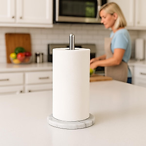 Creative Home Natural Marble Base Paper Holder Kitchen Towel Dispenser with Chrome Plated Pole, 5-1/2" Diam. x 12-5/8" H, Off-White (patterns may vary)