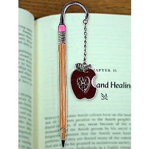 Teacher Bookmark - Pencil Design with Jeweled & Enameled Apple Style Charm - Teacher Appreciation Gift