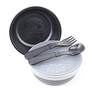 Re-Play - Made in USA - 5 Piece Toddler Feeding Set of 2 Wide Base Bowls, Silicone Storage Lid, Utensils - BPA Free - Made from Environmentally Friendly Recycled Milk Jugs - Black
