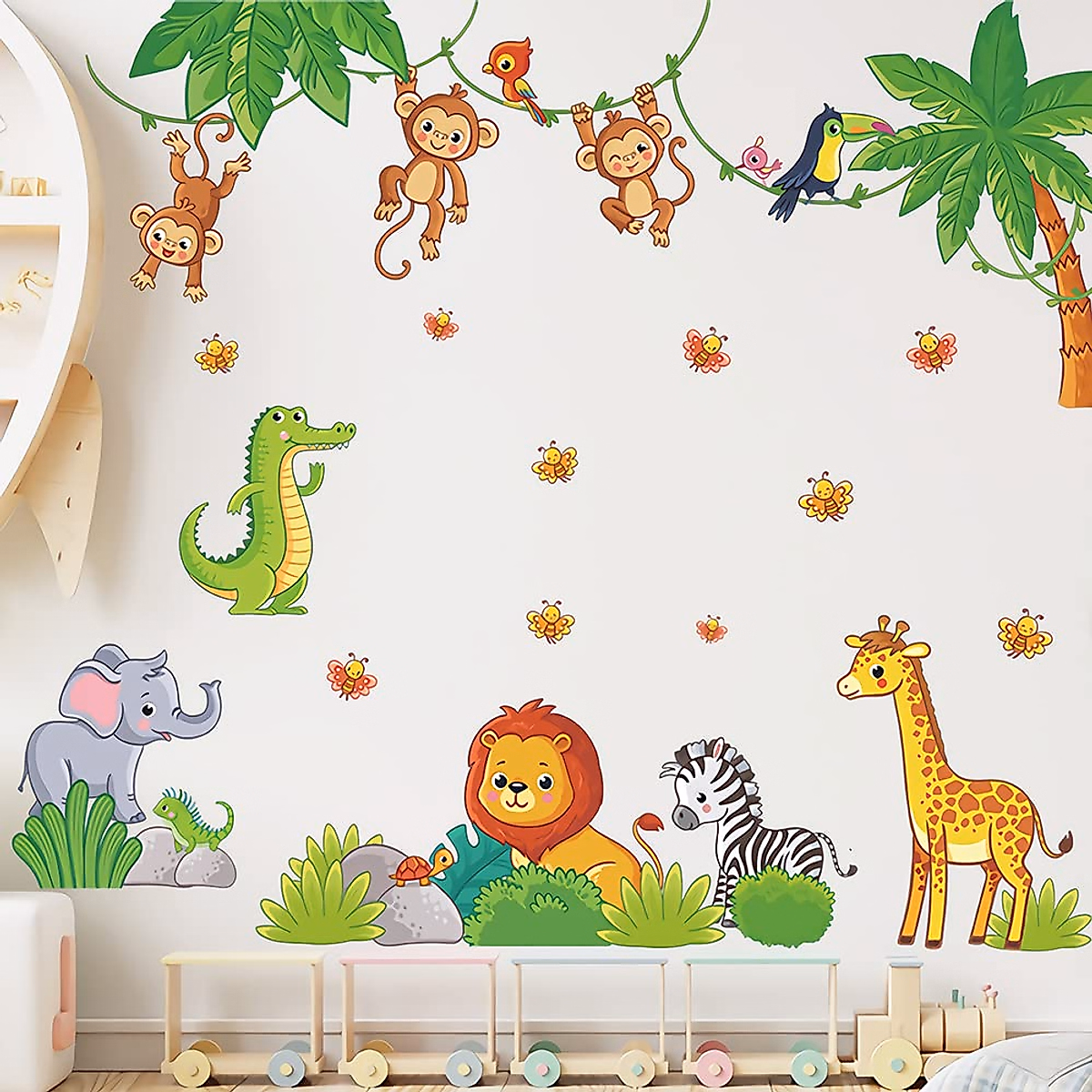 Supzone Jungle Animals Wall Sticker Cartoon Animal Wall Decal Monkey Giraffe Lion Zebra Elephant Wall Decor DIY Vinyl Mural Art for Kids Baby Nursery Bedroom Living Room Playroom