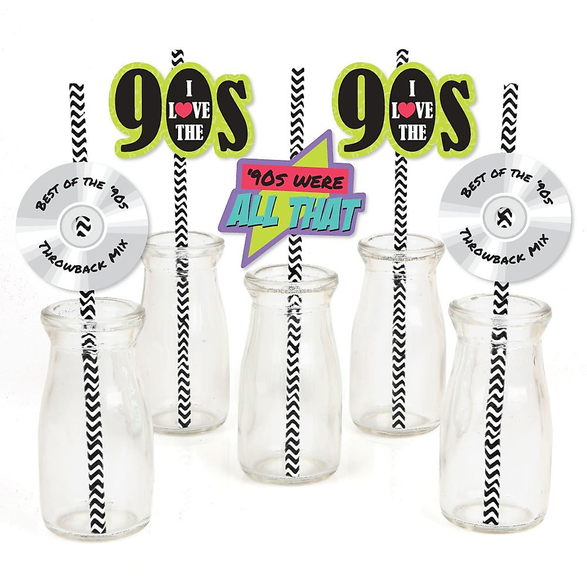 90's Throwback - Paper Straw Decor - 1990s Party Striped Decorative Straws - Set of 24