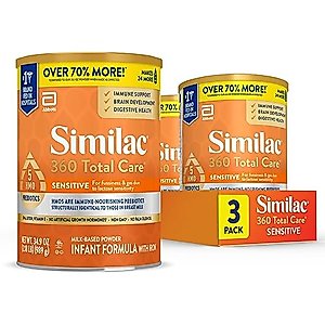 Similac 360 Total Care Sensitive Infant Formula for Fussiness & Gas Due to Lactose Sensitivity, Has 5 HMO Prebiotics, Non-GMO,‡ Baby Formula Powder, 34.9-oz Value Can, Pack of 3