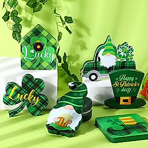 6 Pieces St. Patrick's Day Table Wooden Gnome Sign St. Patrick's Tiered Tray Decor Irish Tabletop Wooden Shamrock Lucky Decoration Green Truck Wooden Block Sign for Home Desk Centerpiece Party Decor