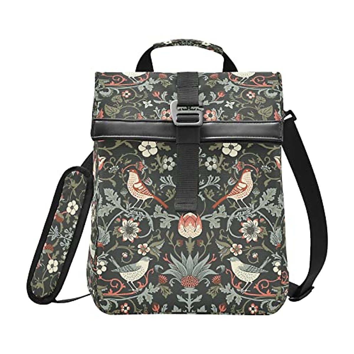 Oyihfvs William Morris Flowers Birds On Dark Leakproof Insulated Lunch Bag, Closure Cooler Lunchbox Bag Reusable Tote, Roll Top Detachable Shoulder Crossbody Lunch Box