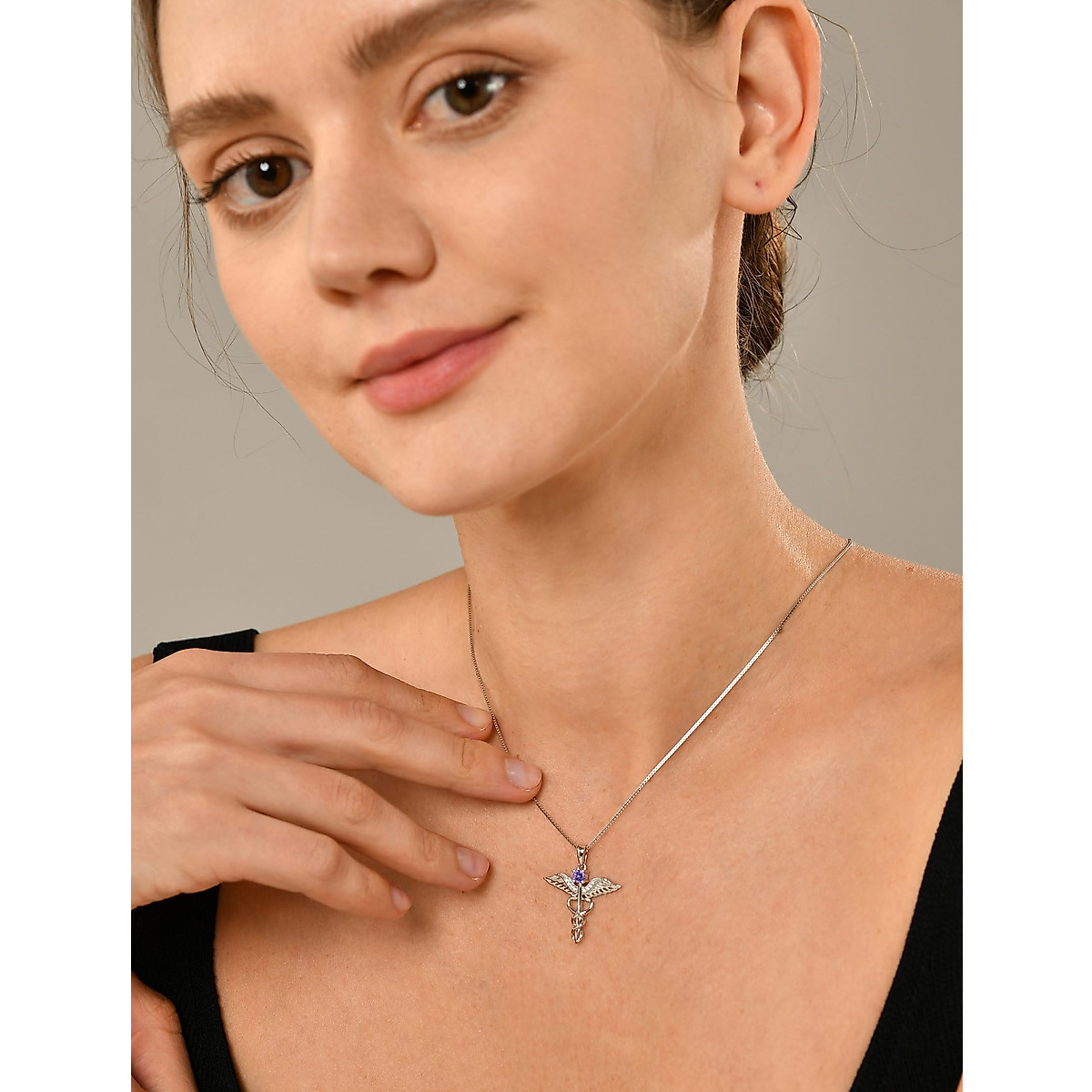 YL Caduceus Necklace 925 Sterling Silver Doctor Nurse Themed Pendant Created Amethyst/Cubic Zirconia Angel Wings Snake Jewelry for Women