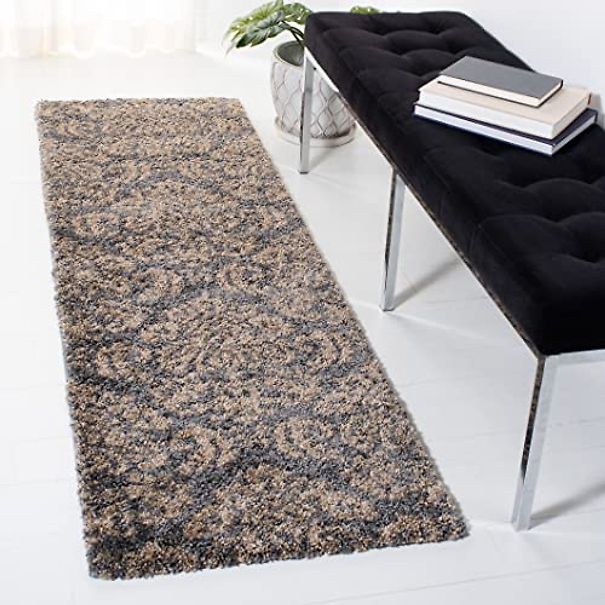 SAFAVIEH Florida Shag Collection Runner Rug - 2'3" x 7', Grey & Beige, Damask Design, Non-Shedding & Easy Care, 1.2-inch Thick Ideal for High Traffic Areas in Living Room, Bedroom (SG460-8013)