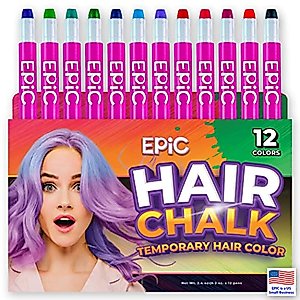 EPIC Hair Chalk for Girls & Boys - 12 Large Pens - Dust Free Wax Hair Crayons - Temporary Hair Color for Kids - Washable - Non Toxic - Gift Idea for Teens & Tweens, age 11 12 13 14 15 year old Birthday, Easter Basket Stuffer