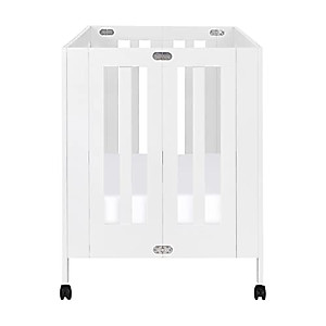 Babyletto Maki Full-Size 2-in-1 Portable Folding Crib with Toddler Bed Conversion Kit in White, Greenguard Gold Certified