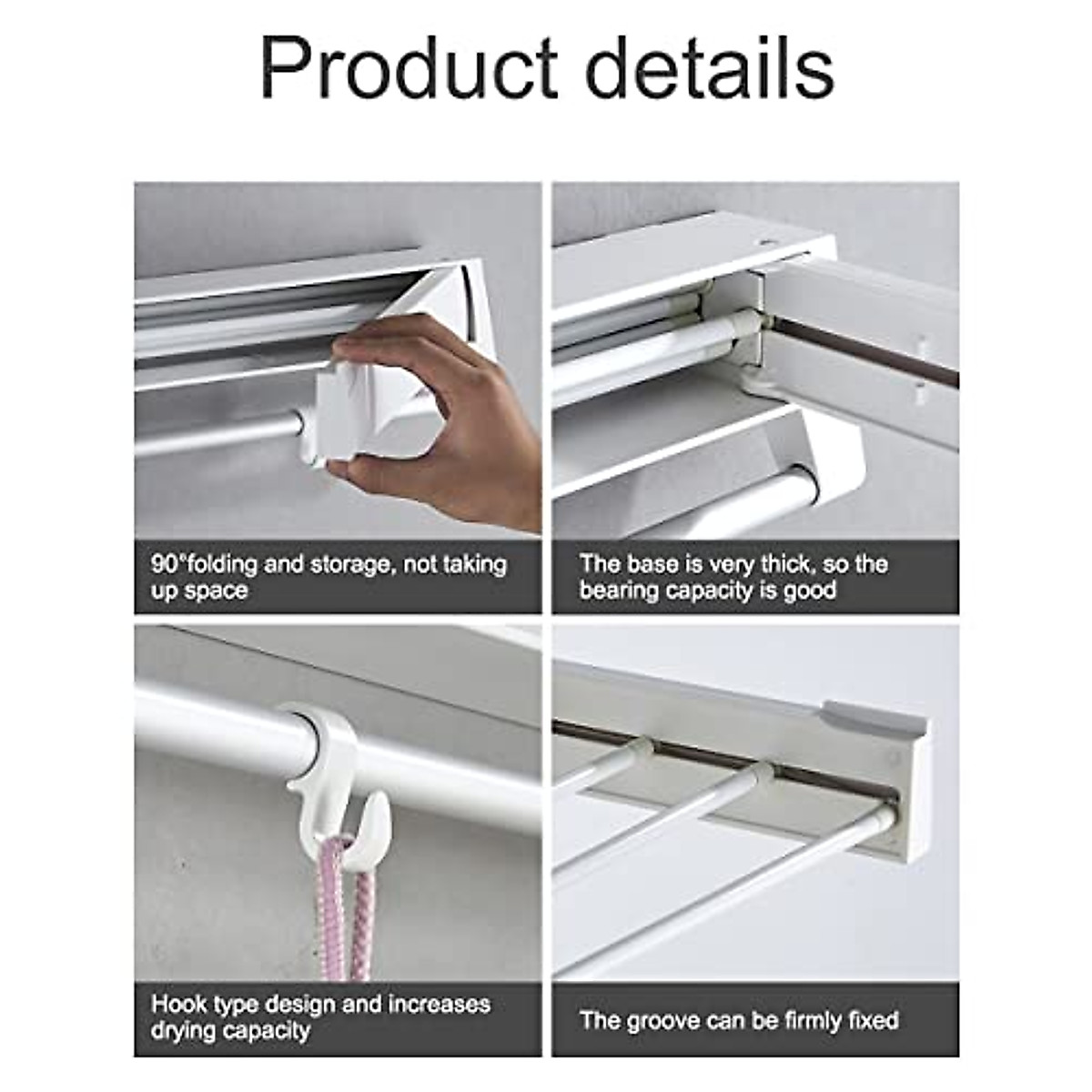 SEANESZTI Retractable Clothes Drying Rack, Wall Mounted Clothes Drying Rack, Foldable White Clothes Drying Rack, Hanging Racks for Laundry Room, Space Saving Clothes Drying Rack with 4 Hooks