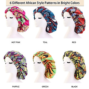6 Packs Double Layer Satin Bonnet for Women Silk African Print Sleep Cap Head Scarf Large Head Wrap Soft Night Sleeping Hat Adjustable for Long Curly Natural Hair Braids