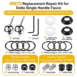 Enhon Kitchen Faucet Cartridge Repair Kit, Compatible with Delta/peerless Faucet 86970 Single Handle #70 Ball Valves and Lever Handles, Fix Dripping Faucets, Stainless Steel (2 Packs)