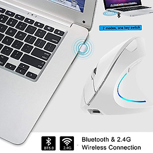 WREWING Vertical Mouse, Right Handed 2.4G and Bluetooth Dual Mode Wireless Ergonomic Rechargeable Vertical Mouse with 4 Adjustable DPI 6 Buttons,Compatible with PC Mac Android Windows (White)