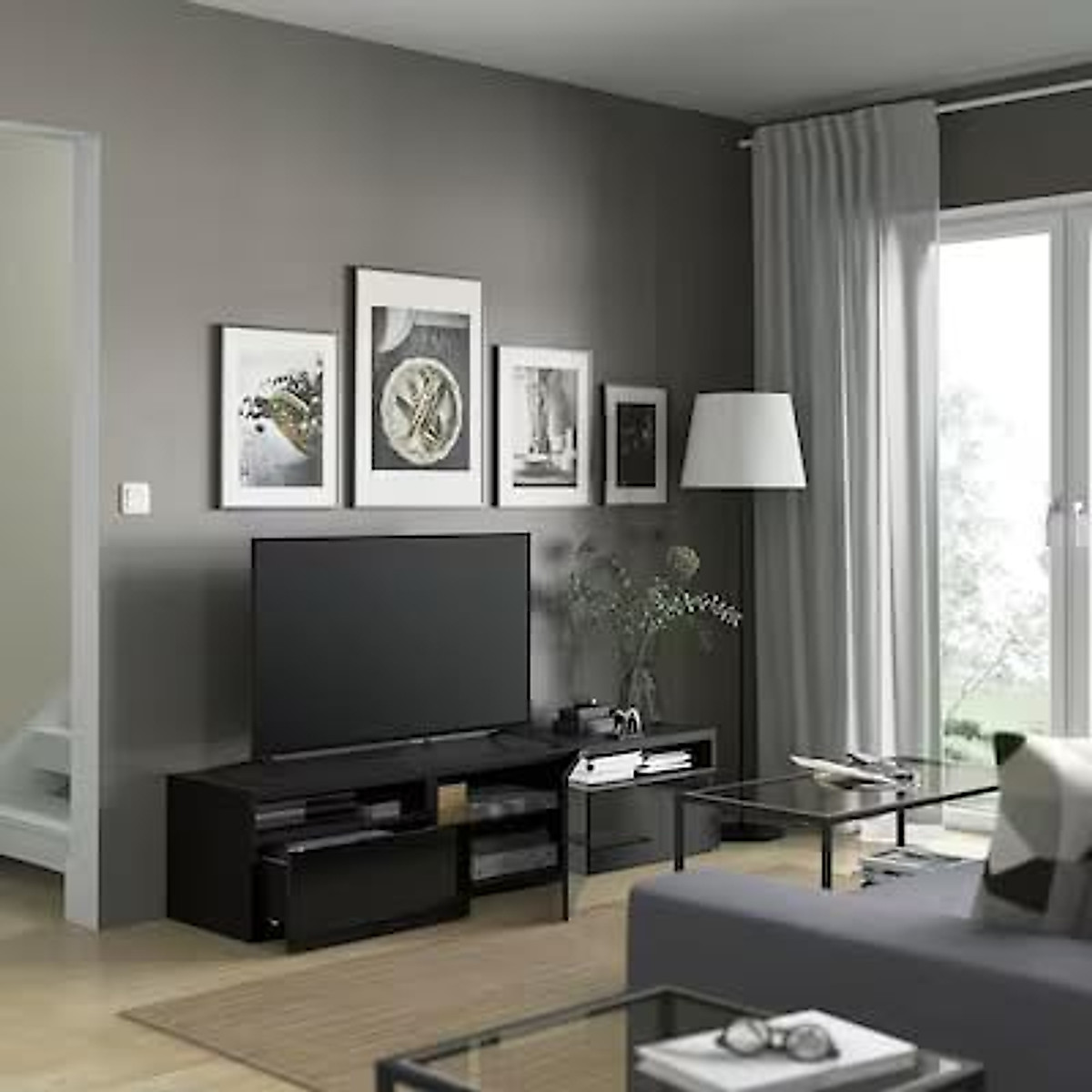 TV Unit with Drawers and Door,Black-Brown/Selsviken high-Gloss/Black, 70 7/8x16 1/2x15 3/8 "