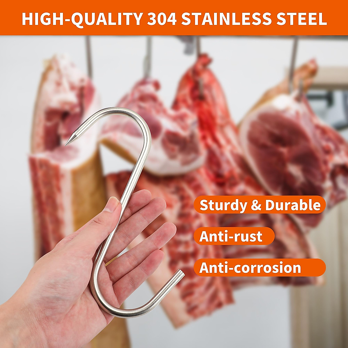 KEJJNYER 10 Pcs Meat Hanging Hooks 8 inch, Stainless Steel Meat Hooks10mm Diameter, Heavy Duty S Meat Hanging Hooks for Butchering, Smoking, Drying, Cooking, Grilling, BBQ