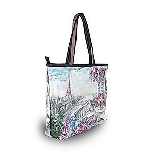 My Daily Women Tote Shoulder Bag Eiffel Tower And Flower Painting Handbag Medium