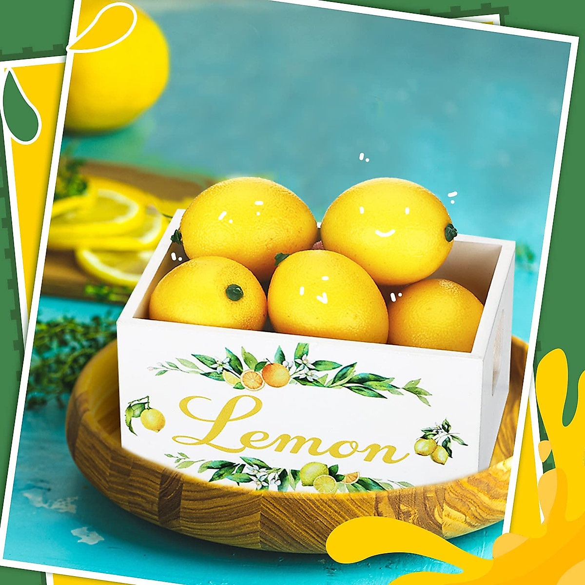 Lemon Mini Crate Summer Tiered Tray Decor with 8 Faux Lemons Farmhouse Strawberry Watermelon Tiered Tray Decoration with Faux Fruits Summertime Wood Crate for Fruit Party Decor (Lemon)
