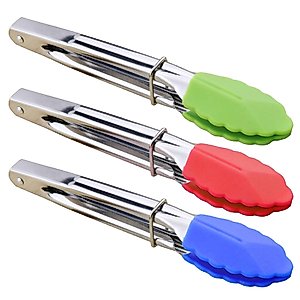 HINMAY Mini Tongs with Silicone Tips 7-Inch Serving Tongs, Set of 3 (Green Red Blue)